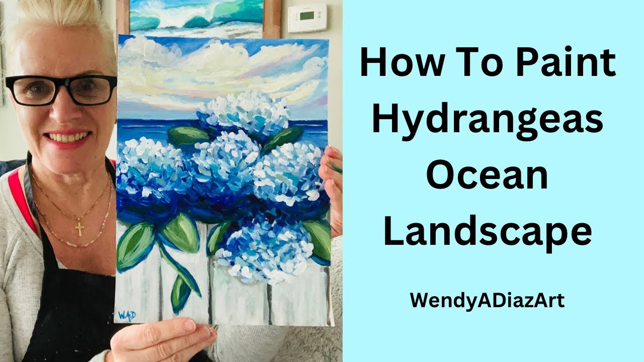 How to Paint Hydrangeas/Ocean Landscape/Acrylic Painting Demonstration ...