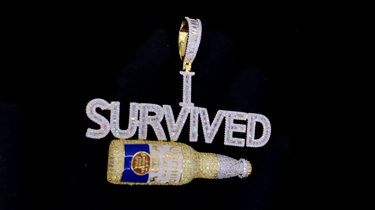 I Survived Corona Baguette CZ Gold Hip Hop Bling Bling Pendant | Iced ...