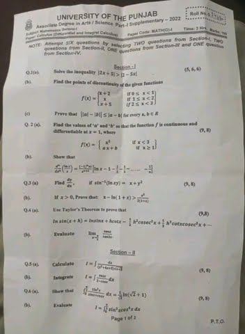 University of punjab supply paper of ADP ADS math A calculus part 1 ...