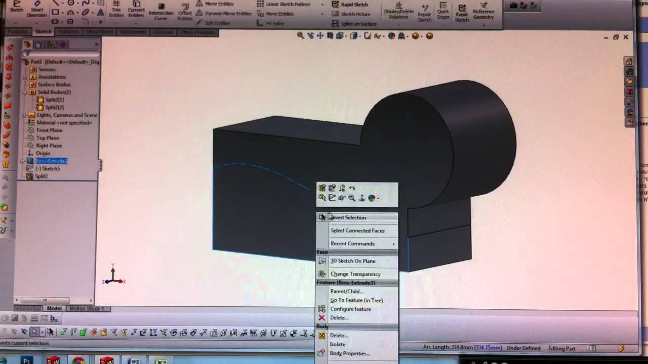 Solidworks split using sketch - YouTube