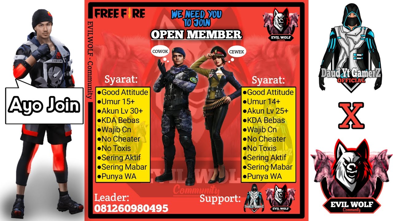 OPEN MEMBER FREE FIRE !!!.. EVIL WOLF COMMUNITY 2020 - SQUAD FREE FIRE ...