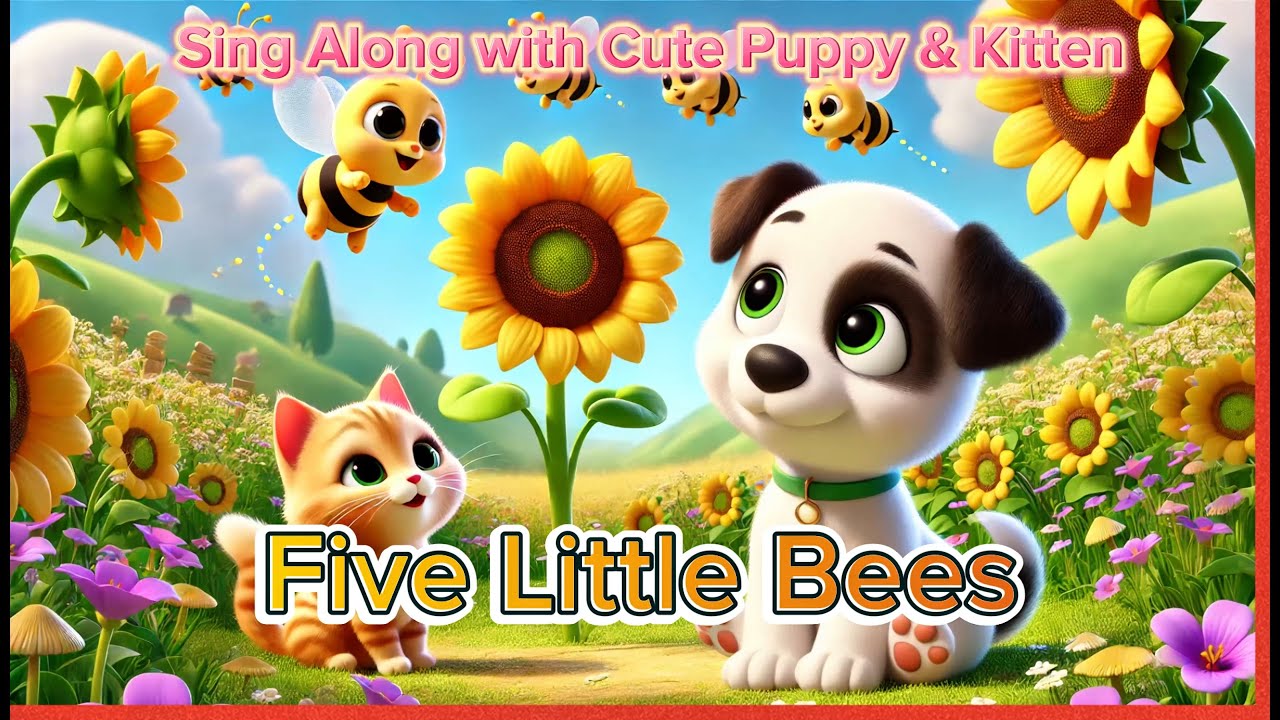Five Little Bees | Sing Along with Cute Puppy & Kitten | Most Popular ...