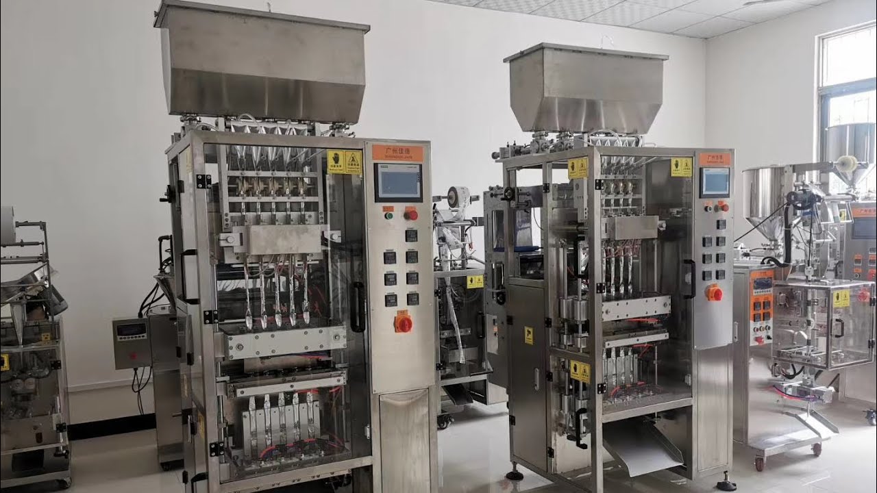 8 lanes stick bag liquid packaging and boxing system - YouTube