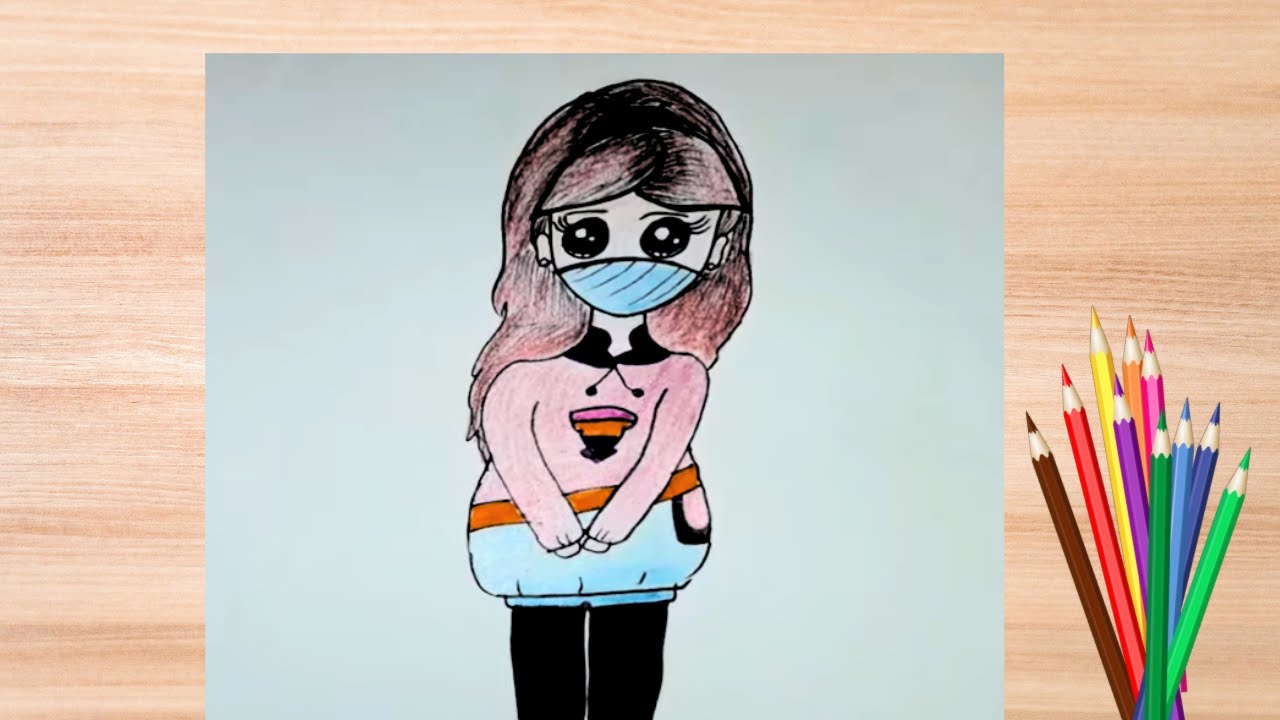 Drawing a cute little Girl wearing a Mask | Girl with mask drawing ...