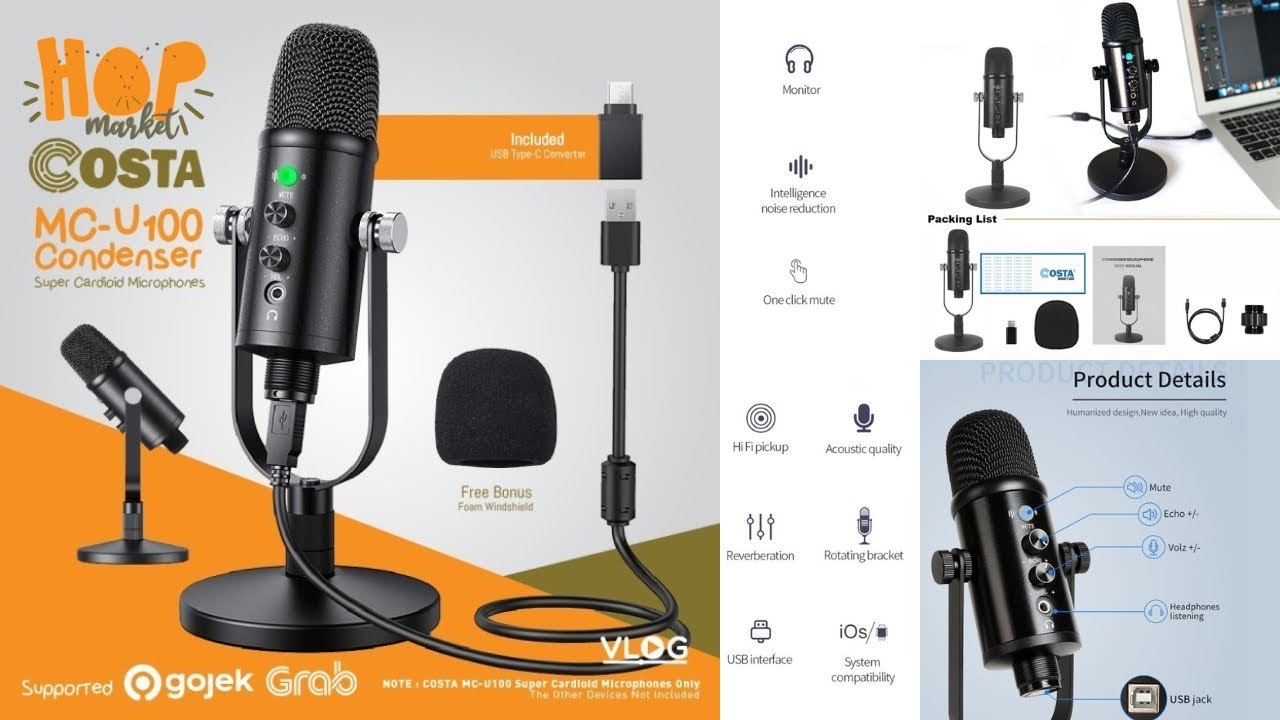 COSTA CM-U100 Professional Condenser Microphone USB Podcast Recording ...