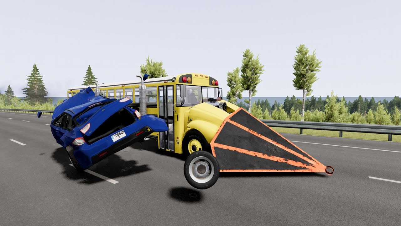 School Bus with Ram Plow vs Cars, Speeding Crashes - BeamNG.drive Game ...