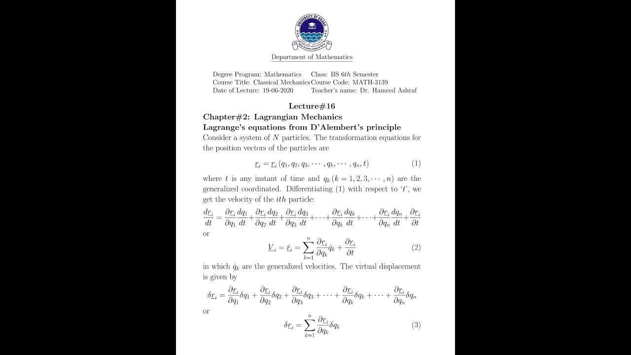Lecture 16 CM (Lagrange’s equations from D’Alembert’s principle (Part A ...