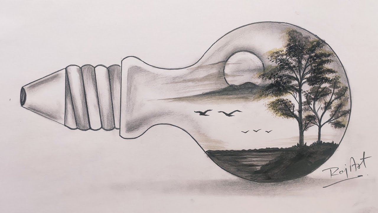 Nature SCENERY BULB DRAWING || BEAUTIFUL SCENERY DRAWING FOR BEGINNERS ...