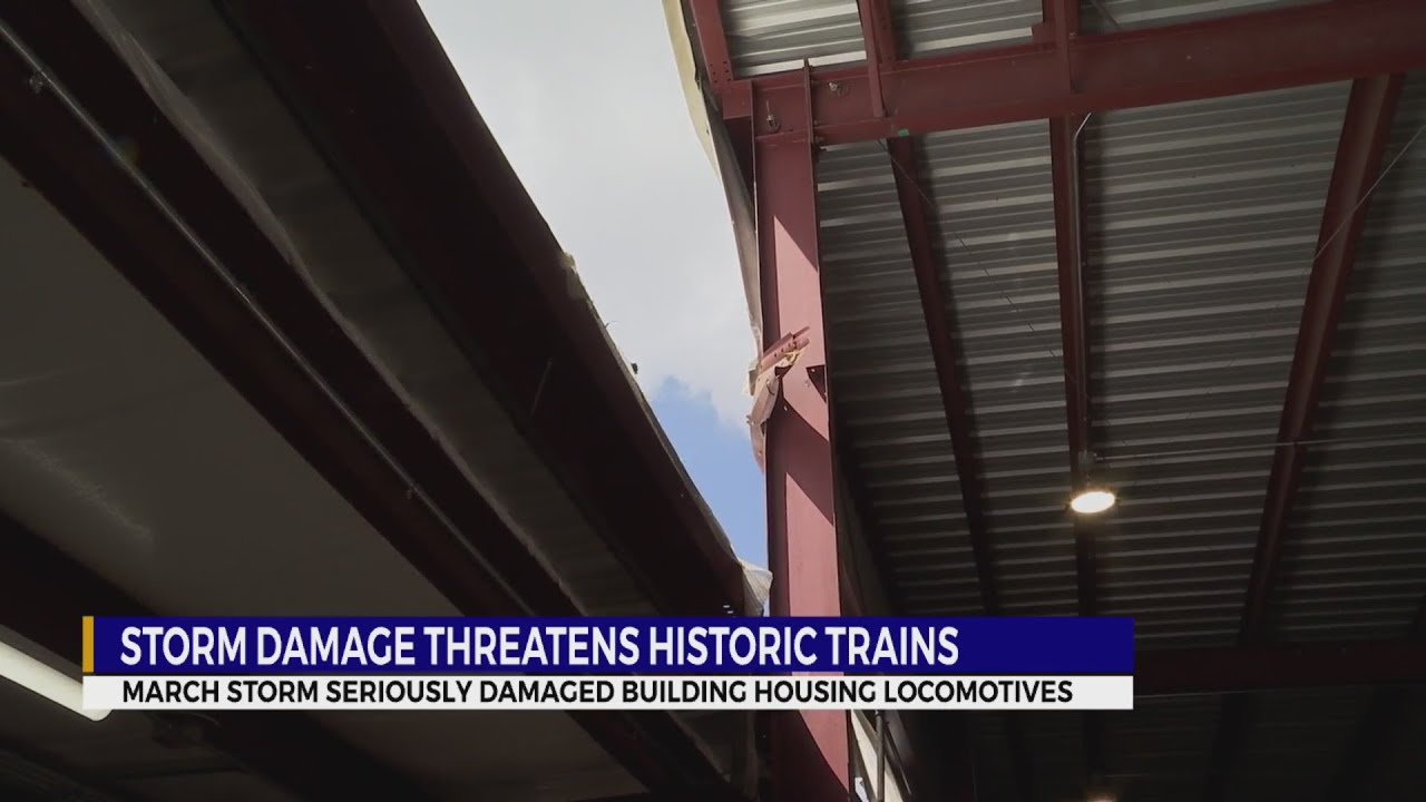 Storm damage threatens historic trains - YouTube