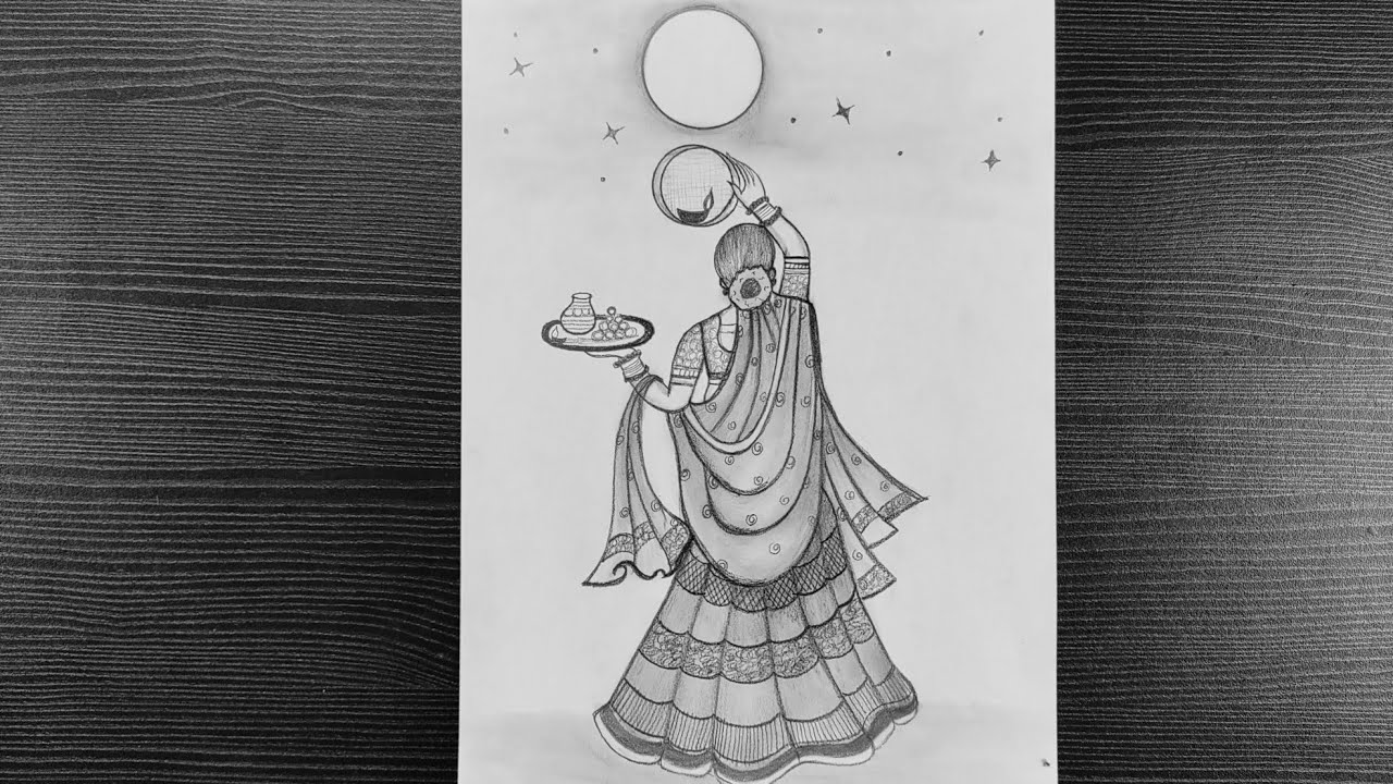 How To Draw Lady With Karva Chauth Thali // Happy Karwa Chauth // Easy ...