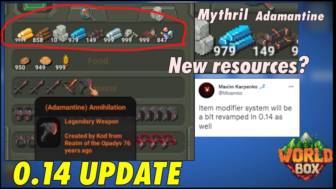 New WorldBox update 0.14, new resources adamantine, diamond, mythril ...