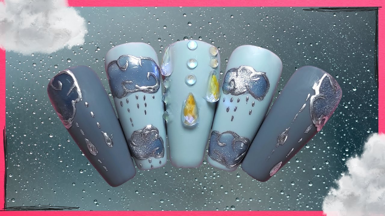 Rainy Day Nail Set 🌧️🌧️| Cat Eye Gel | Chrome Gel Paint | Cloud Nails ...