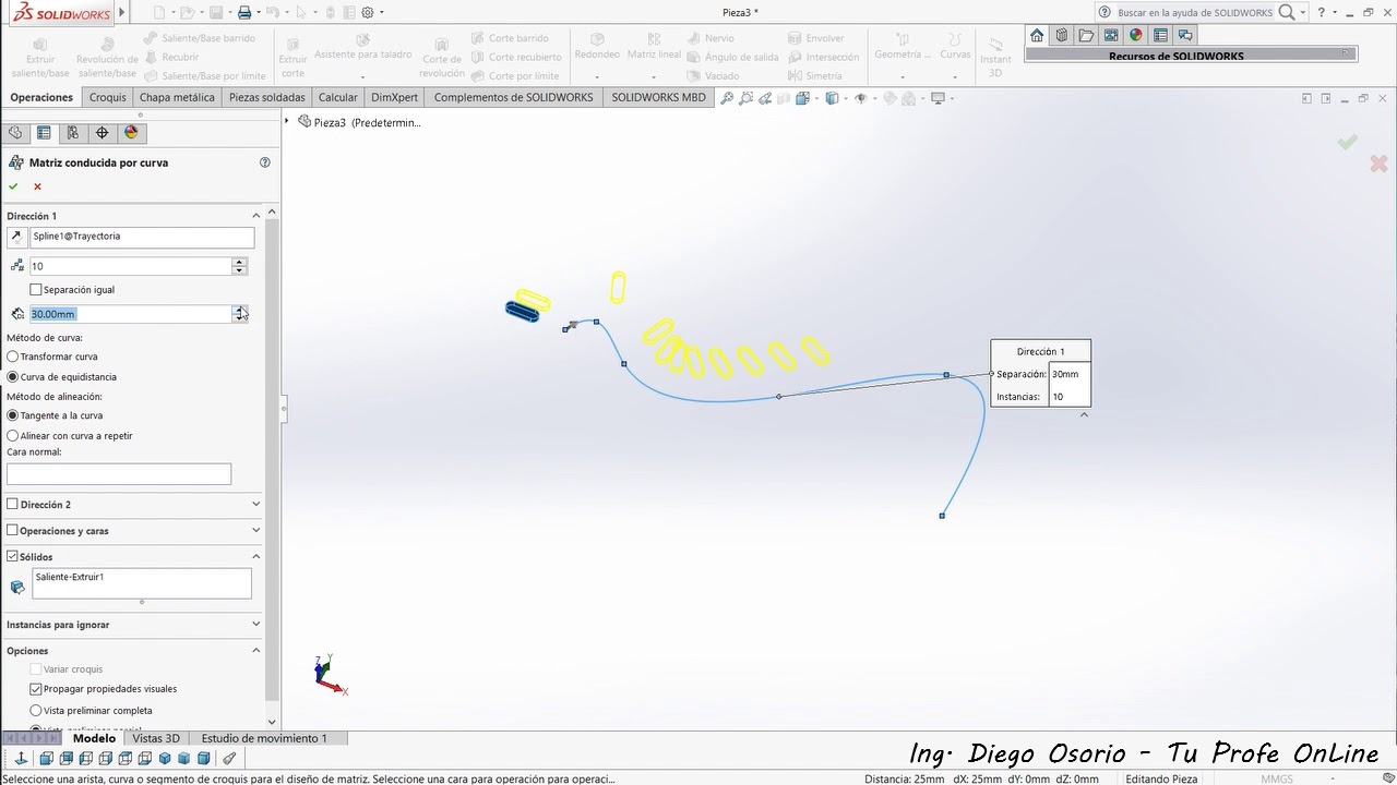 Solid Works Tutorial 022 Matrices Parte 3 Matriz Conducida por Curva ...