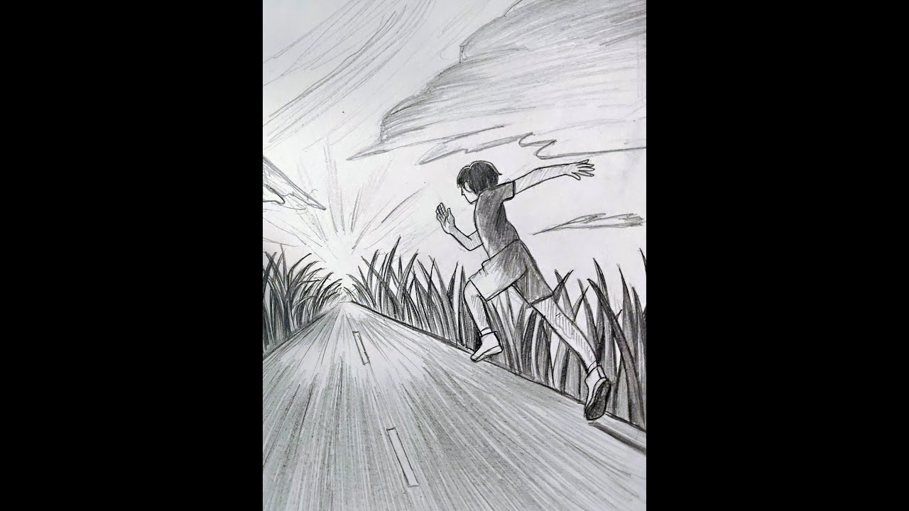 How to draw a running boy in one point perspective Pencil sketch full ...