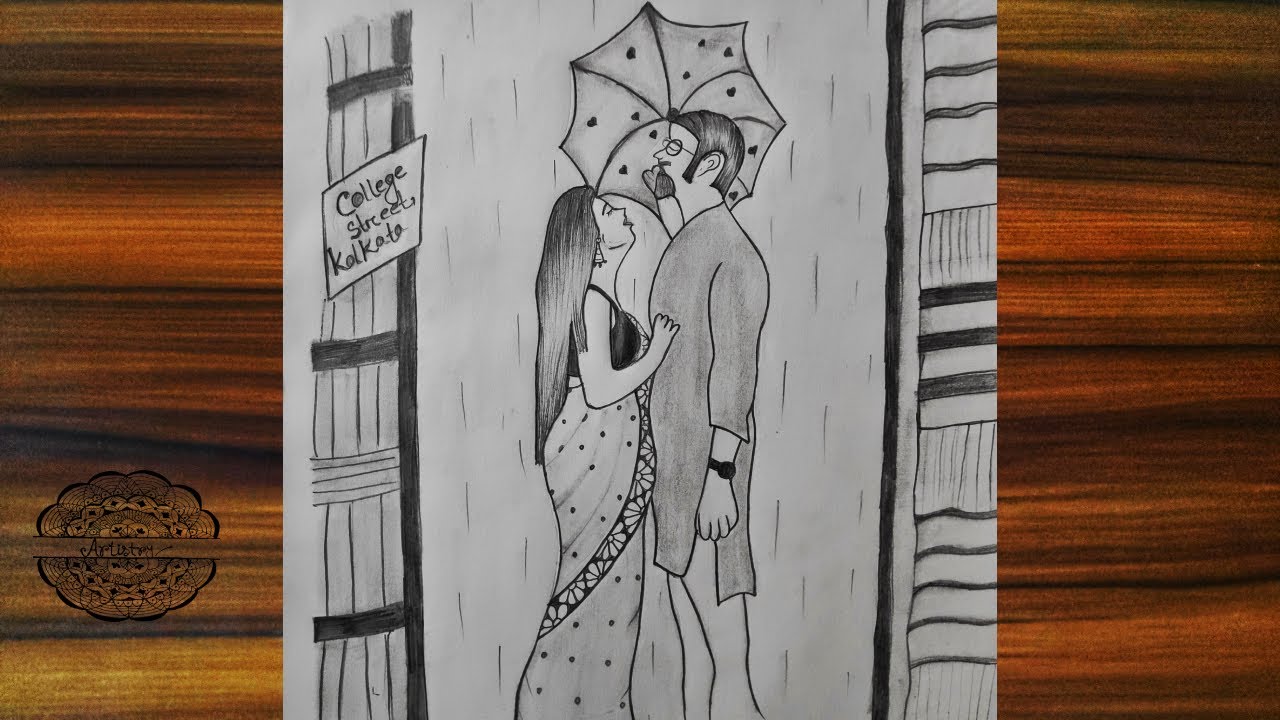 Romantic Couple Drawing in Rain with Umbrella ️ - Pencil Sketch || How ...