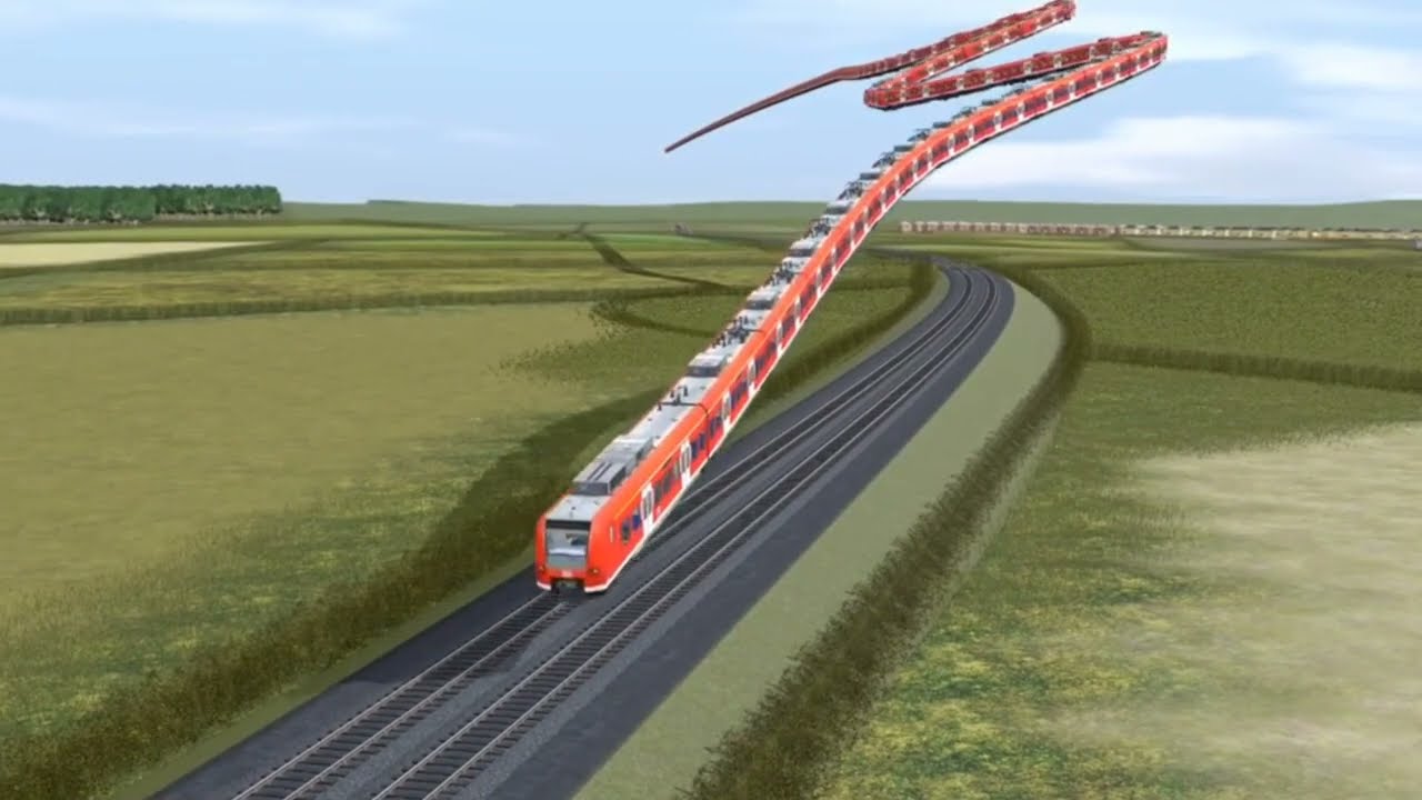 flying train in the sky !!! over the village bulding !! Wonderful ...