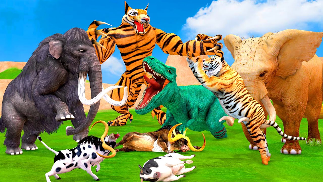 Giant Tiger wolf Attacks Dinosaur Chase Cow Cartoon Buffalo Gorilla ...