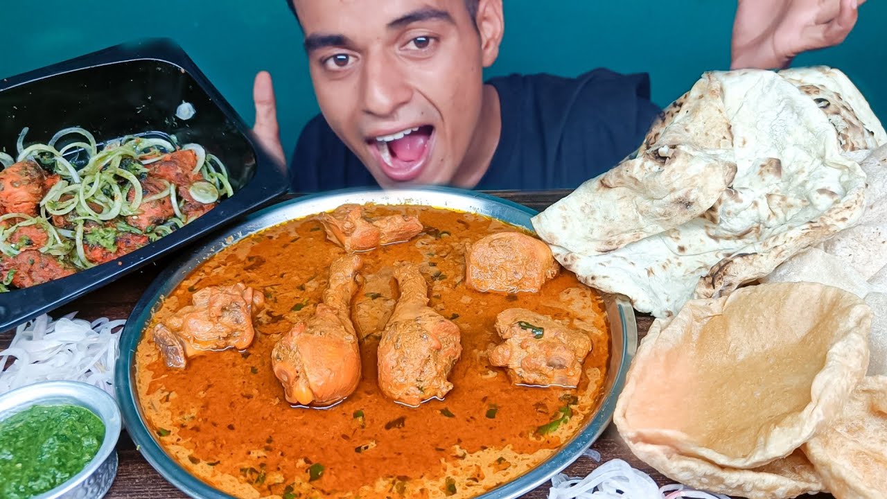 Eating Chicken Korma| Chicken Tikka|Roomali Roti| Naan| Poori Eating ...