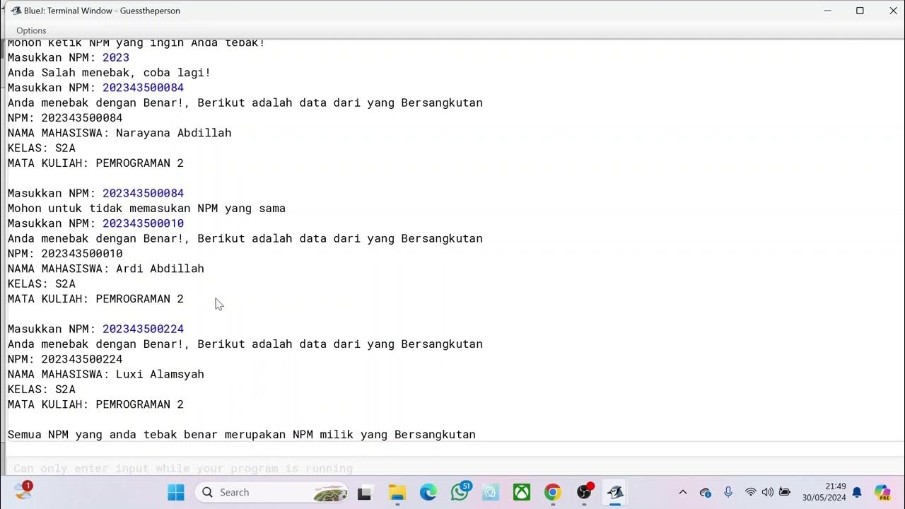 Tugas Pemrograman 2, Output Program Tebak NPM - YouTube