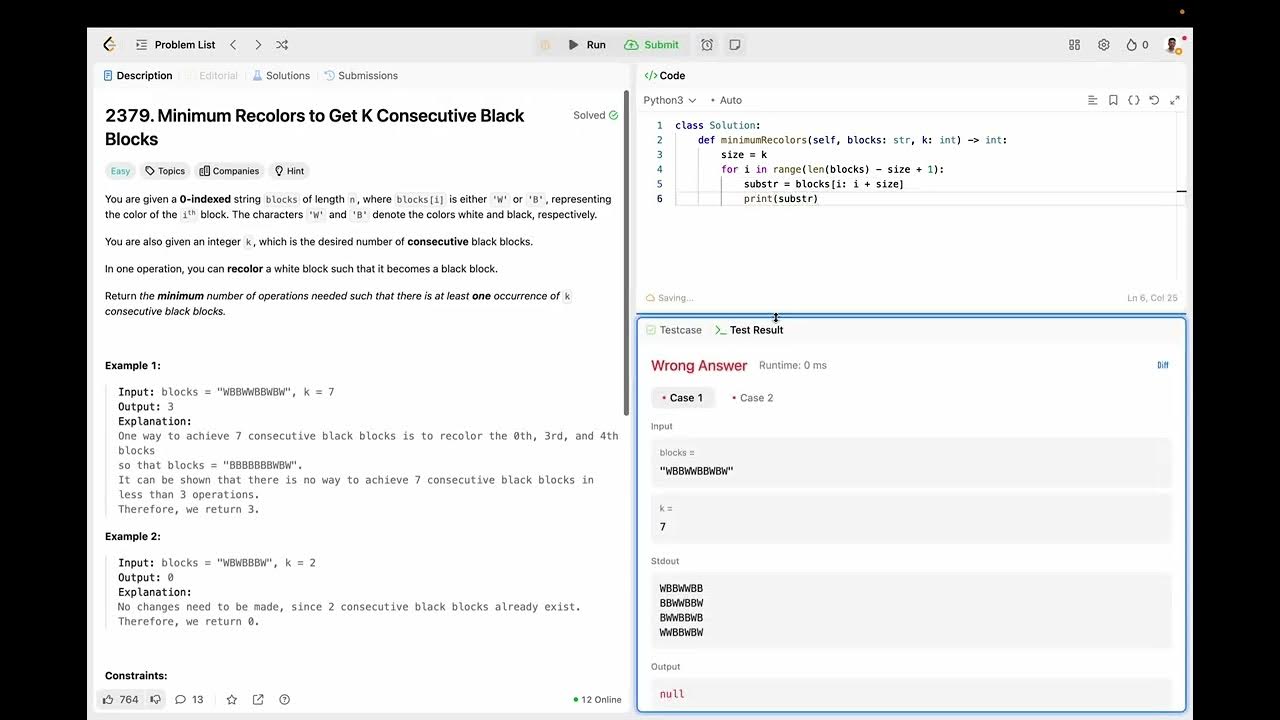 Minimum Recolors To Get K Consecutive Black Boxes - YouTube