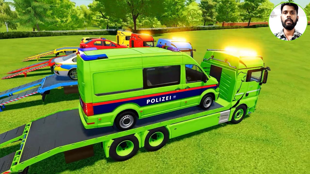 TRANSPORT POLICE CARS OF COLORS ! TRANSPORTING COLORED POLICE CARS WITH ...