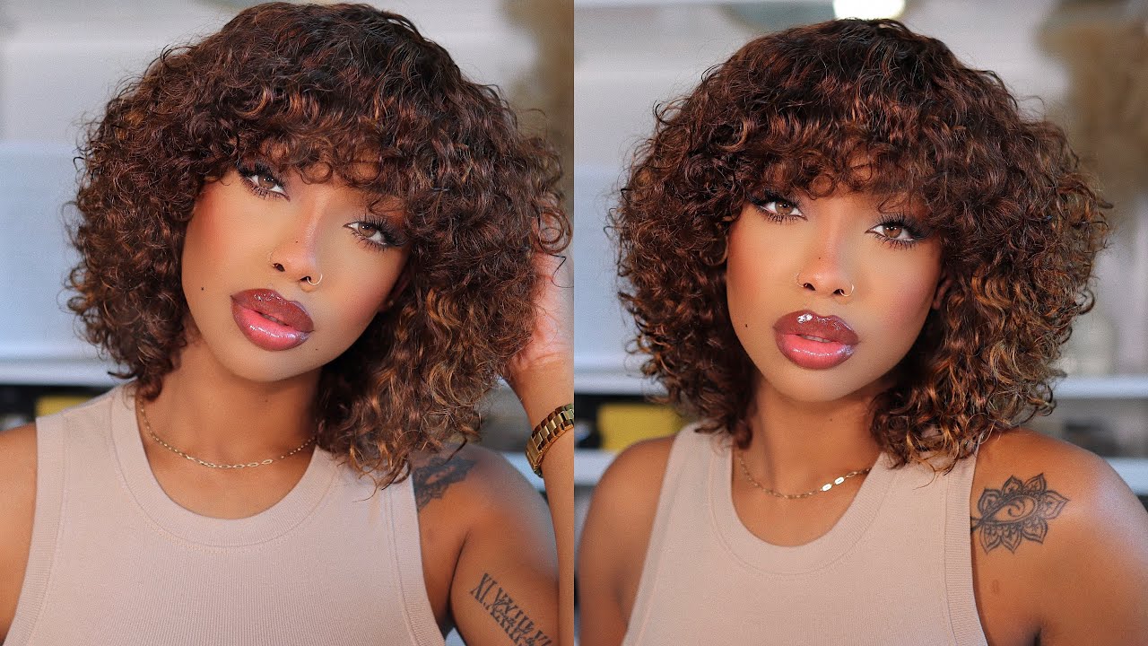 😱NO GLUE,LACE OR LEAVE OUT! CURLY HIGHLIGHT BANG WIG FOR Beginners!- ft ...