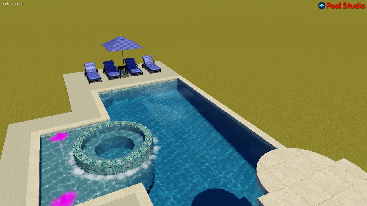 Modern pool with 360 spillout spa, and grotto waterfall and slide - YouTube