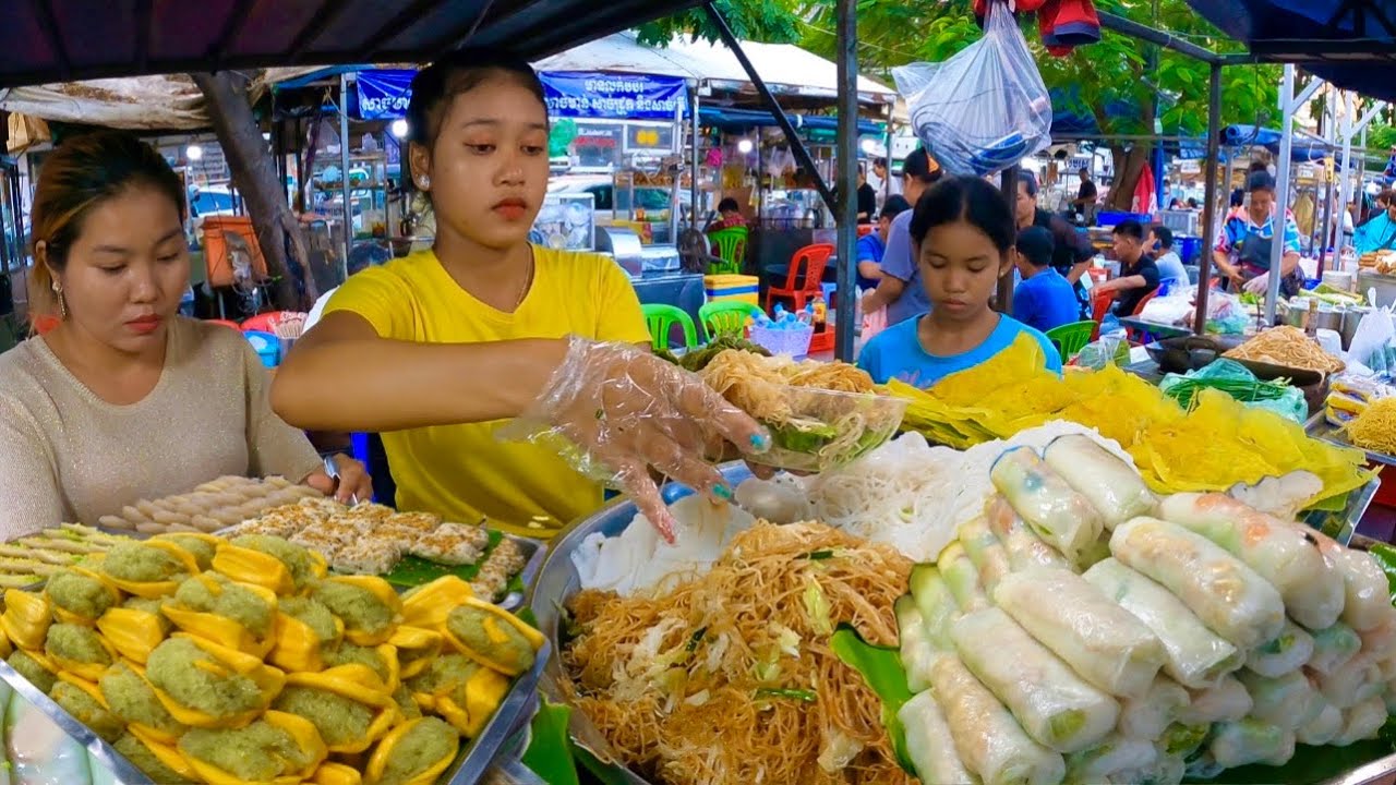 Popular Cambodian Street Food - Yummy Noodles, Yellow Pancakes, Spring ...