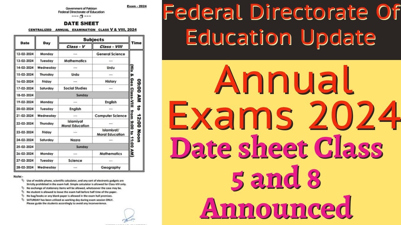 FDE announced annual Exams date sheet 2024 - Class 8th and class 5th ...