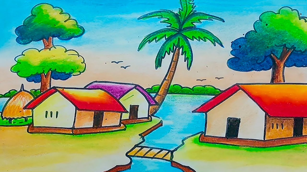 How to draw village scenery drawing beautiful riverside village ...