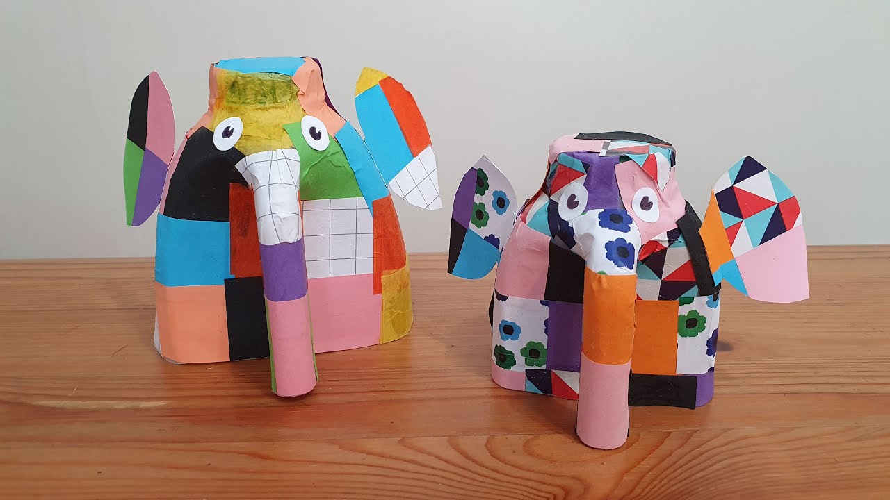 Create Elmer the Elephant with a milk bottle and some coloured paper ...