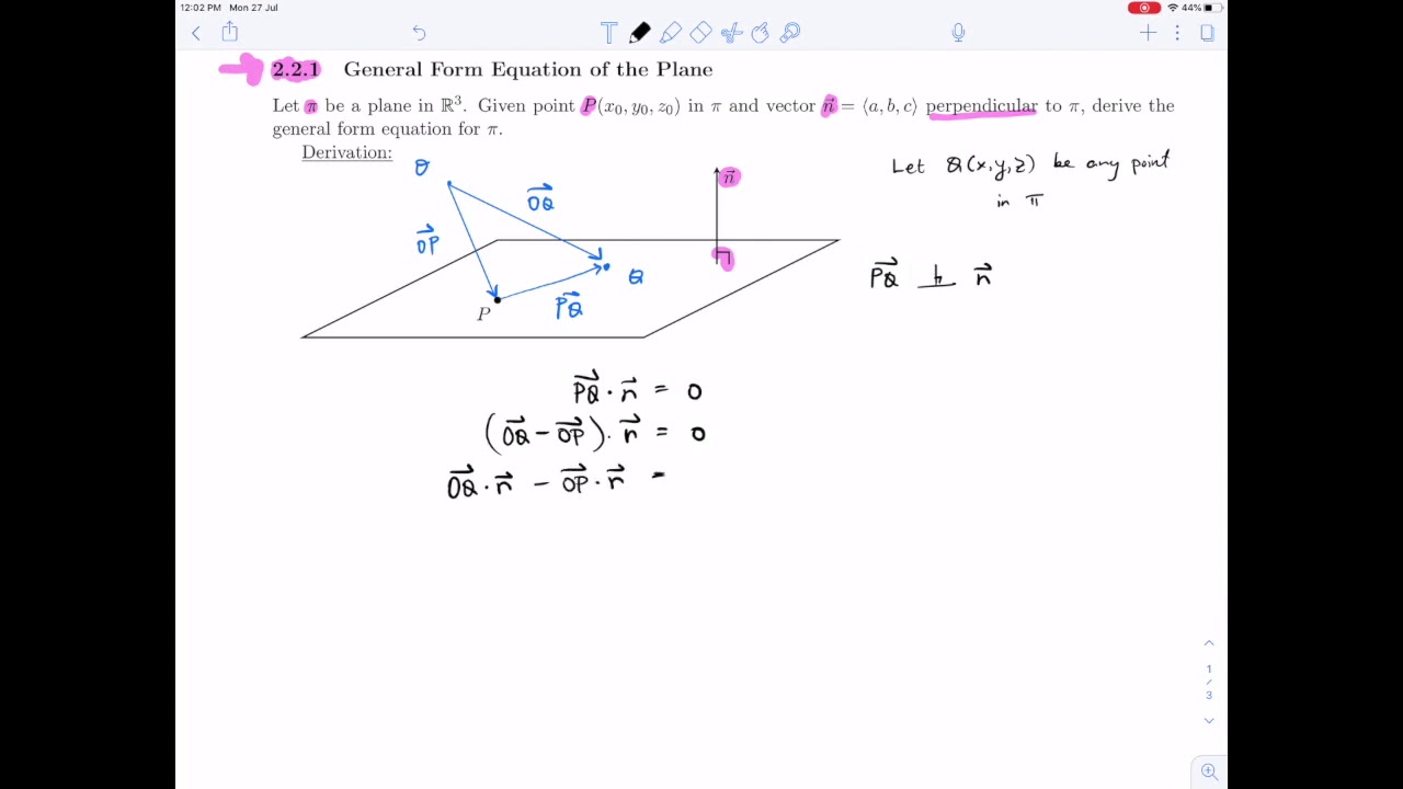 Linear Algebra 2.2.1 - General Form Equation of the Plane (1 of 2 ...