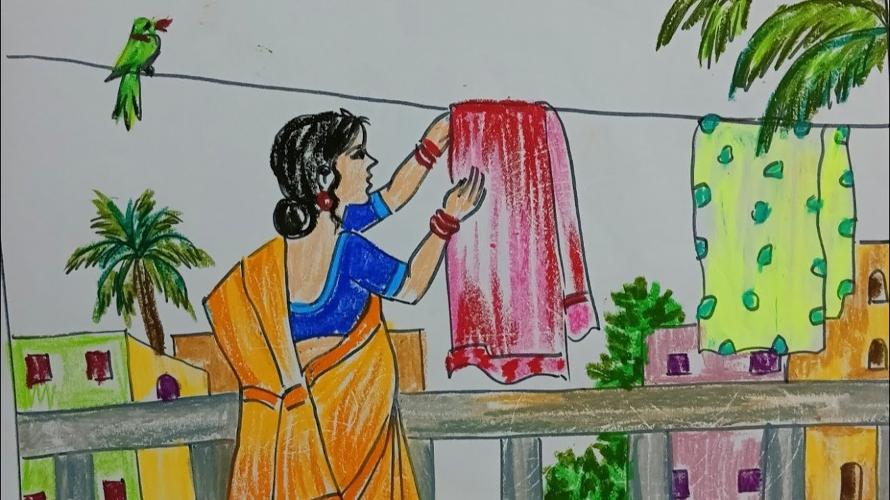 Women Spreading Clothes on Balcony | Step by Step | Tutorial | Artist Suchandra - YouTube