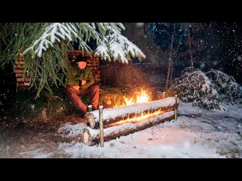 Spending the night under a fir tree in Cold and Snow. Bonfire made of two logs.