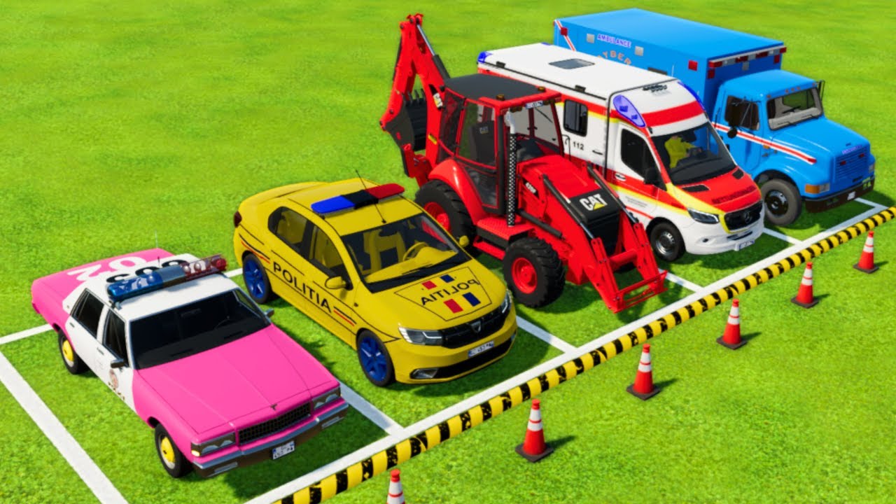 TRANSPORTING POLICE CARS, CAT LOADER, AMBULANCE EMERGENCY VEHICLES WITH ...