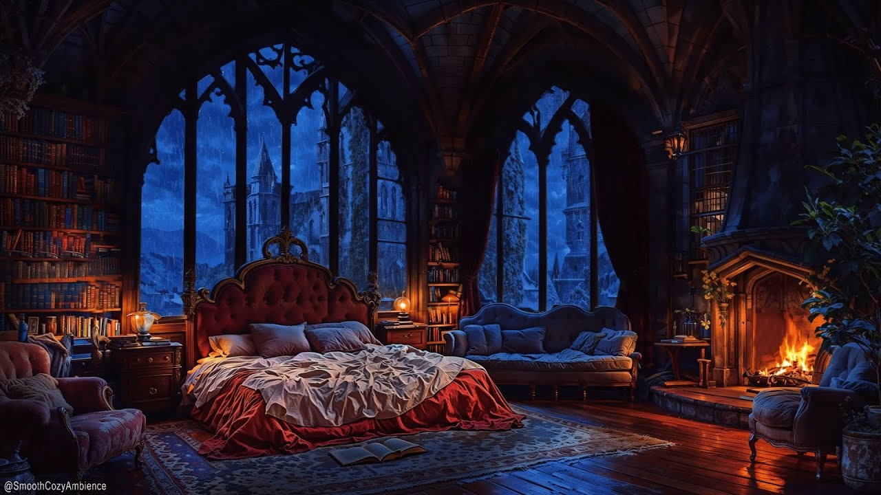Beautiful Kingly Cozy Castle Bedroom with Rain, Fireplace and ...