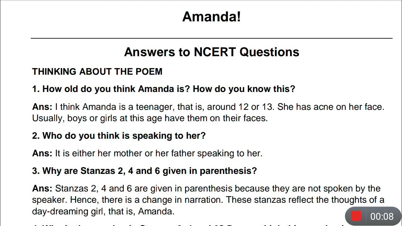 Amanda Poem Question Answer | Class 10th CBSE | First Flight English ...