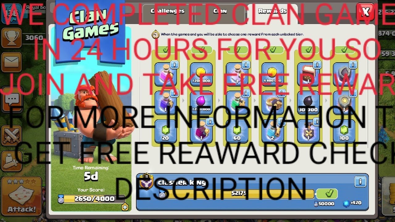 CLAN GAMES COMPLETED IN 24 HOURS II SUBSCRIBE AND GET FREE REWARD OF ...