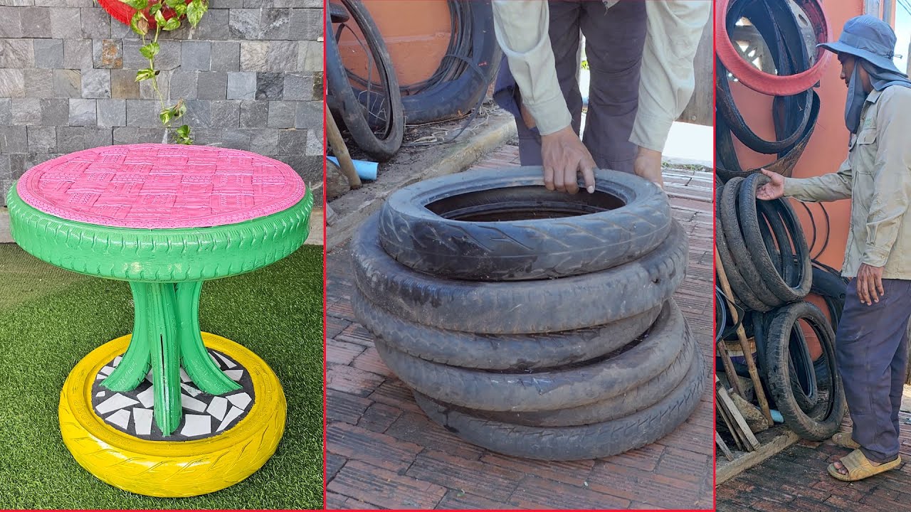 Colorful table DIY table made from old tires and cement skill #diy # ...