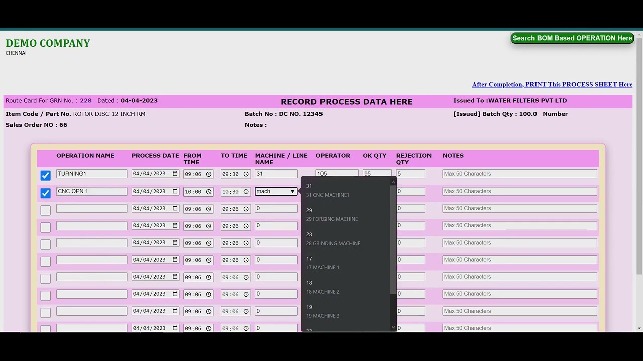 PROCESS SHEET / ROUTE CARD Entry For Customer Material [Inward GRN] In ...