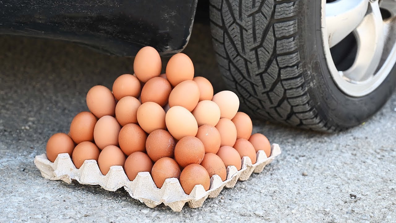 Squishing 100 Eggs & things under car | Running over sharp knives with ...