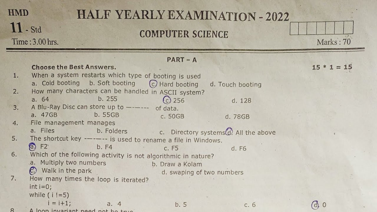 11th Standard Computer Science Half yearly examination 2022 Question ...