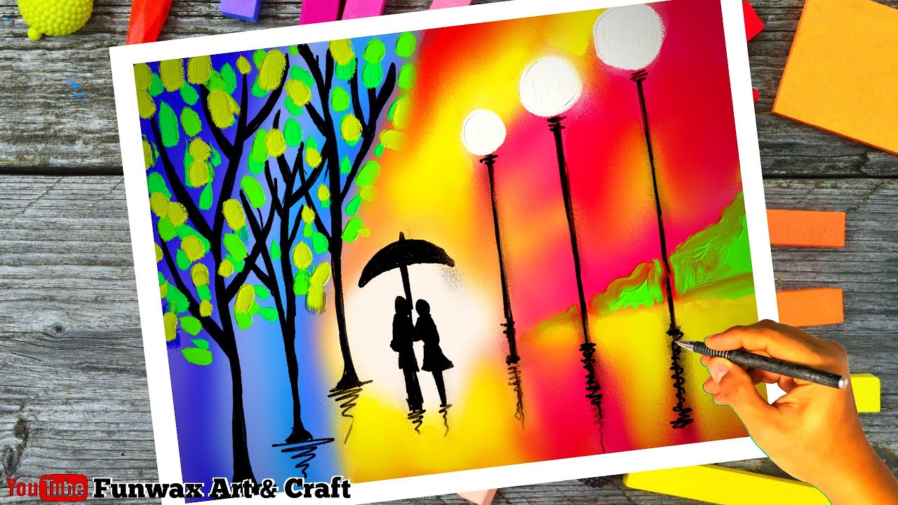 Beautiful couple scenery drawing | Draw couple under umbrella with oil ...