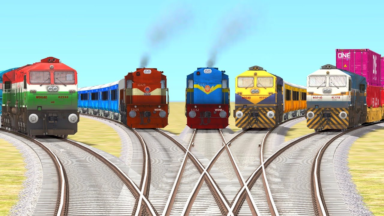5 TRAINS CROSSING AT BUMPY BRANCHED RAILROAD TRACK | train simulator ...