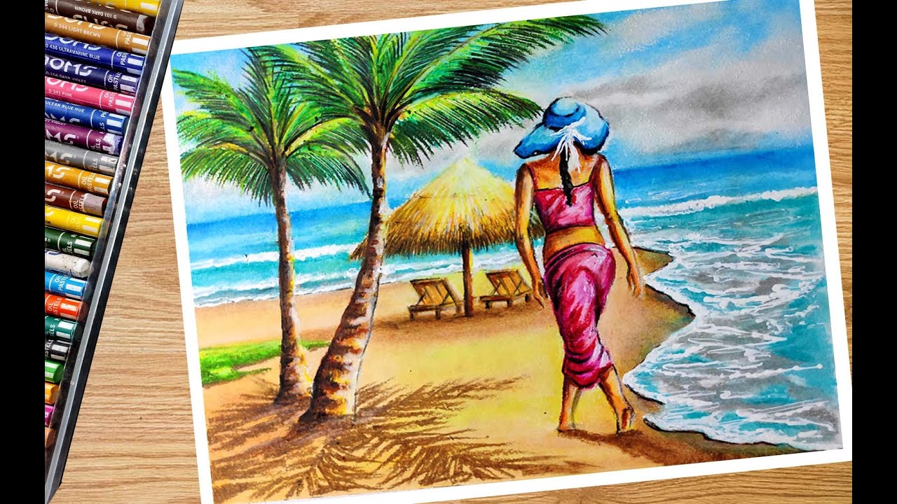 Beach Oil Pastel Landscapes Seascape, Coast, Lovers' Walk On The