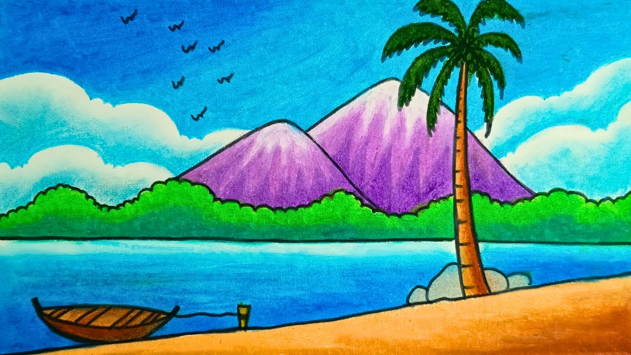 How to Draw Easy Scenery of Mountain and Sea Beach || Easy Nature ...