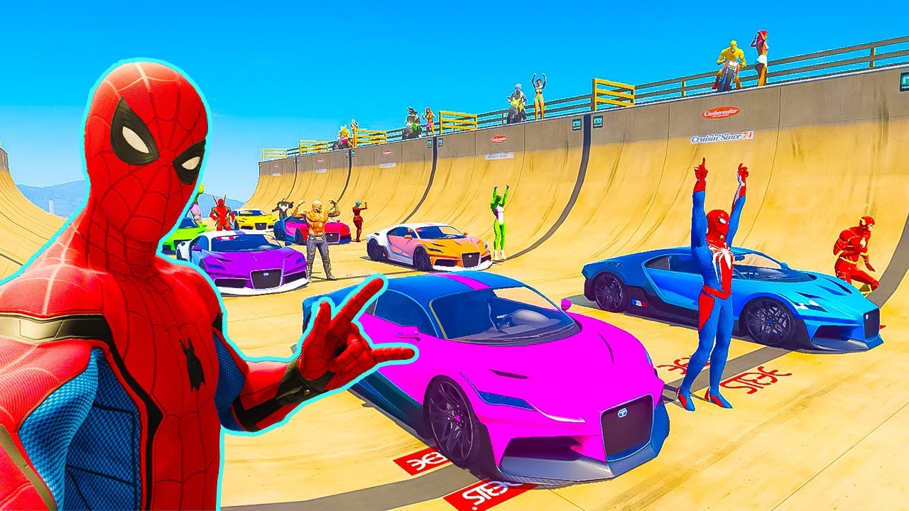 SPIDERMAN CARS Race Challenge on Mega Rampa ! Superheroes on a ...