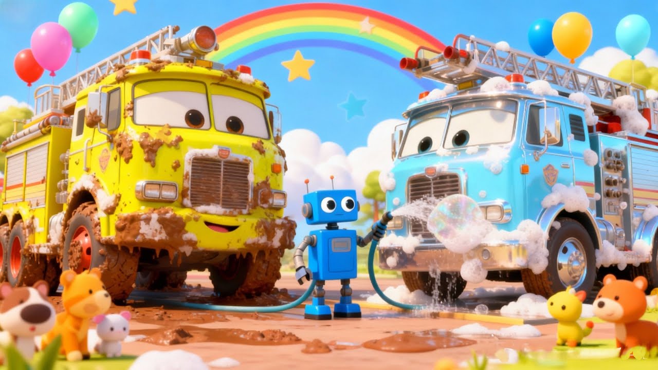 Muddy Car Wash Day! 🚜 Fire Truck & Police Car Cleaning Song - YouTube