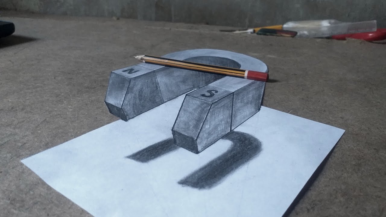 learn how to draw a 3d illusion magnet with pencil #3dart - YouTube