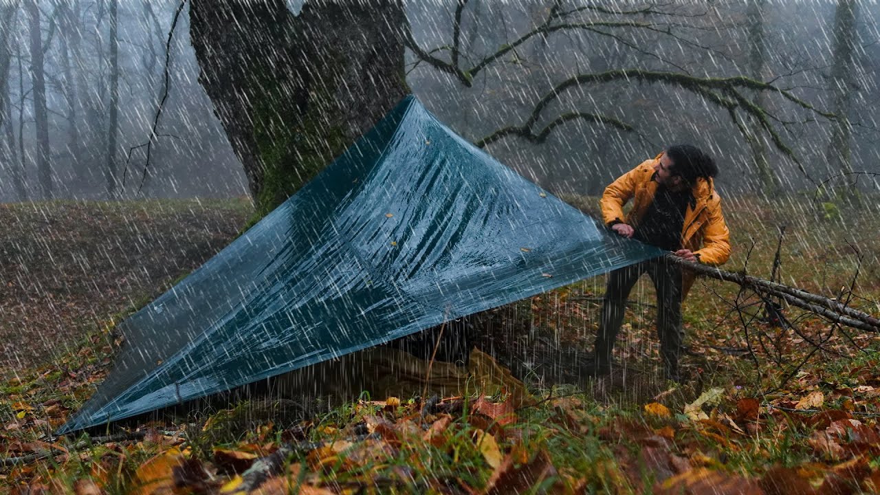 Bushcraft SURVIVAL Camping in the RAIN: Tree Tarp Shelter - YouTube